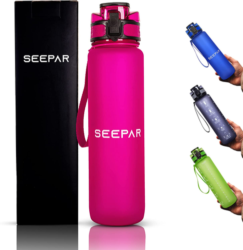 SEEPAR 1-Liter Water Bottle with Time and Hydration Markers, Durable ...