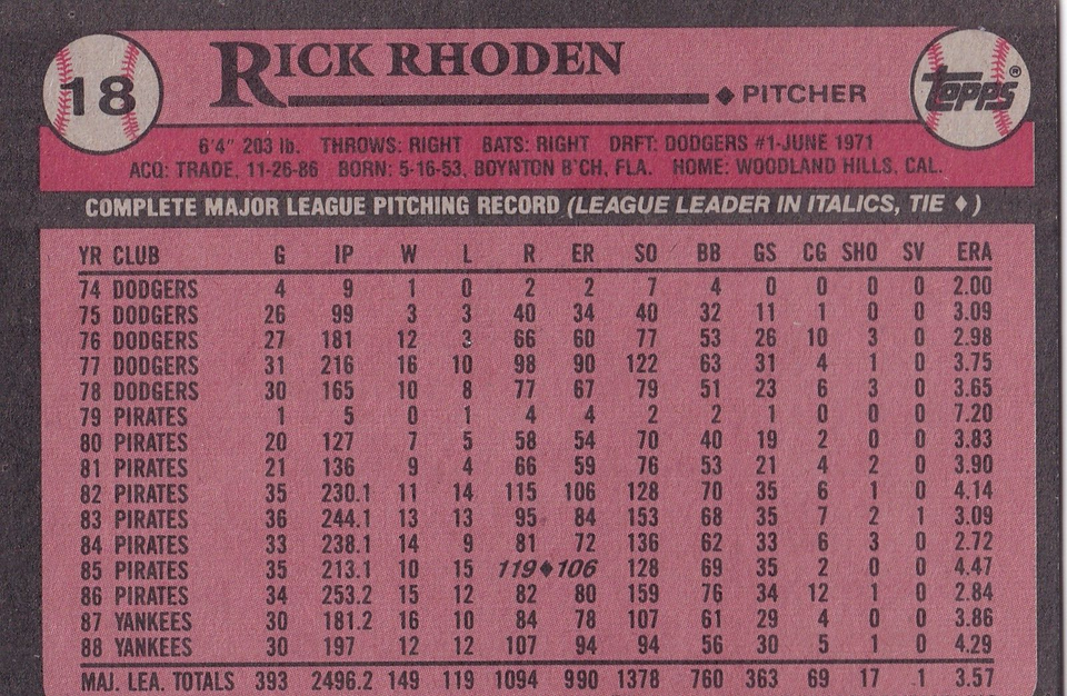 1989 Topps #18 Rick Rhoden MLB New York Yankees + (Yes 3 Free Mystery ...