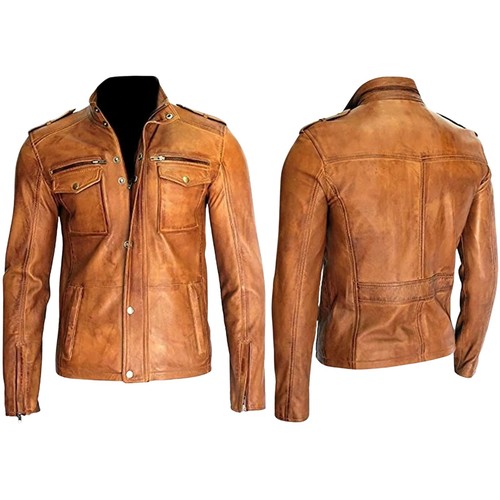 Men’s Real Leather Biker Jacket Tan Vintage Motorcycle Slim Fit Rider ...
