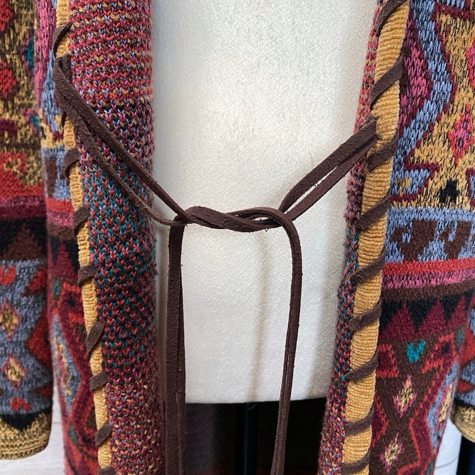 Double D Ranch Knit Southwest Aztec Duster Coat Leather Trim Tie Front ...