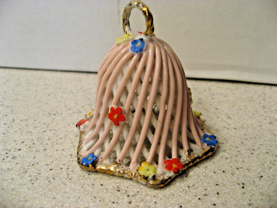 Vtg Pink & White Trellis Bell with Flowers Porcelain Christmas Ornament ...