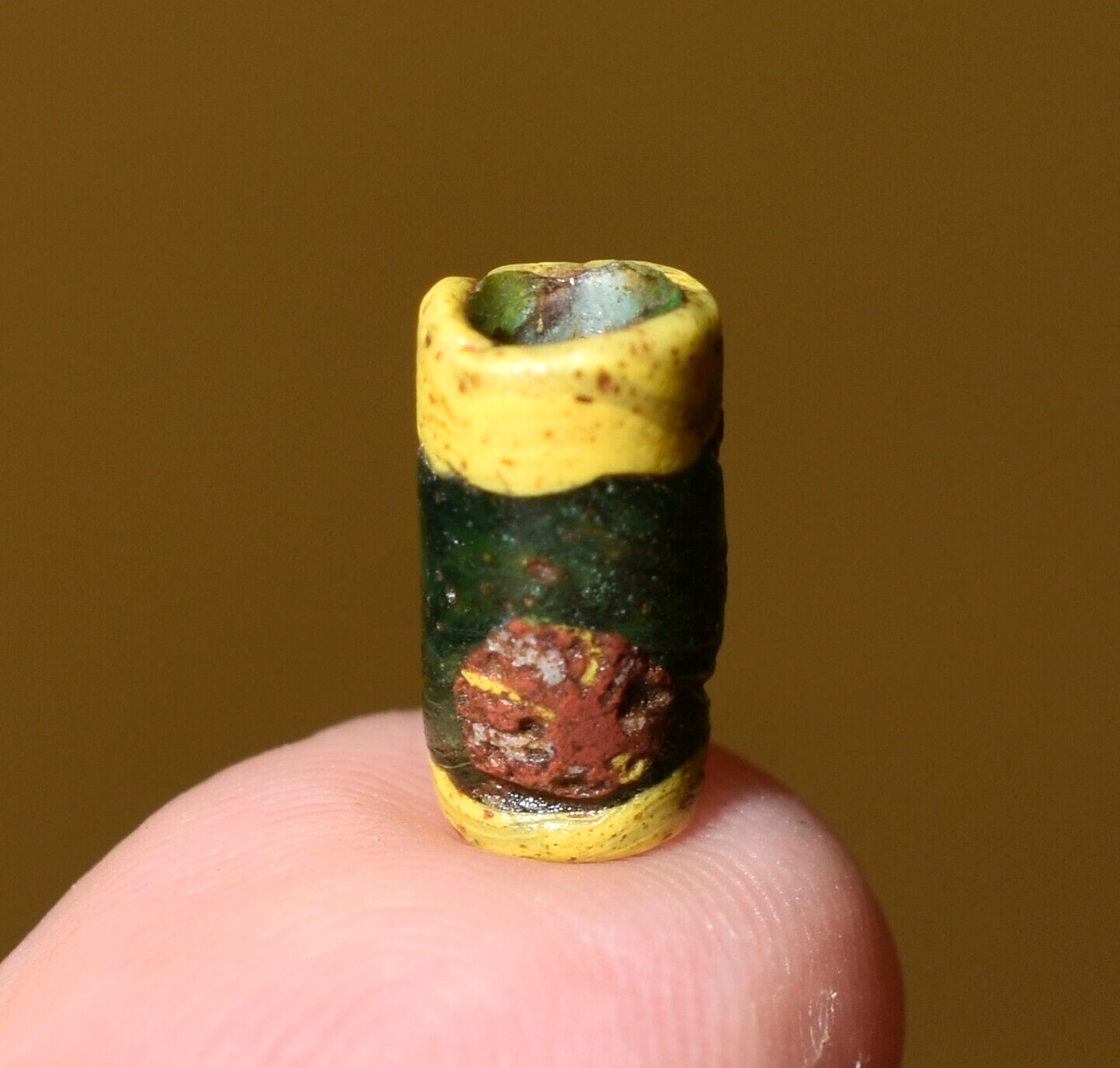 Ancient Dark Green Wound Bead Yellow End Stripes Cane Inserts Mali ...