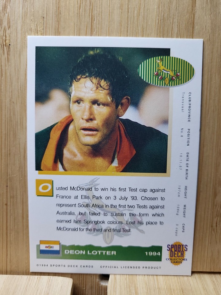 DEON LOTTER🏆1994 #17 South Africa International Rugby Sports Deck Card🏆 ...