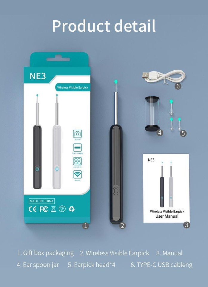 Ne3 Ear Cleaner & Wax Removal High Precision, Camera LED Light Wireless ...