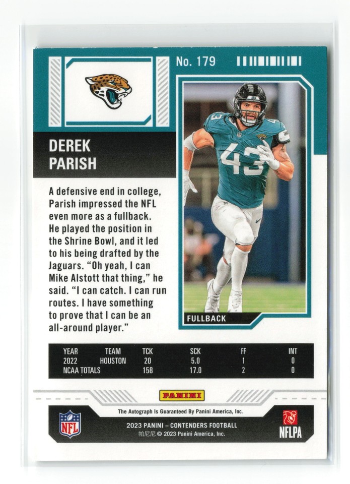 DEREK PARISH #179 RC 2023 PANINI CONTENDERS JAGUARS ROOKIE TICKET AUTO ...