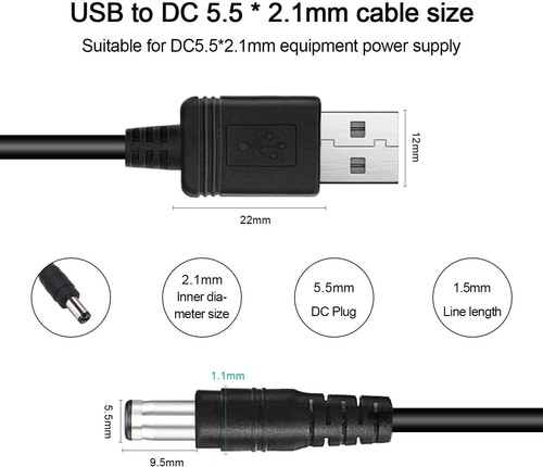 NAHAO USB to DC 5.5x2.1mm Barrel Jack Center Pin Positive Power Cable ...