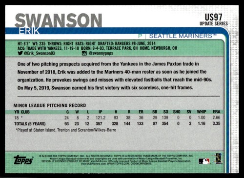 2019 Topps Update Erik Swanson #US97 Rookie Seattle Mariners | eBay