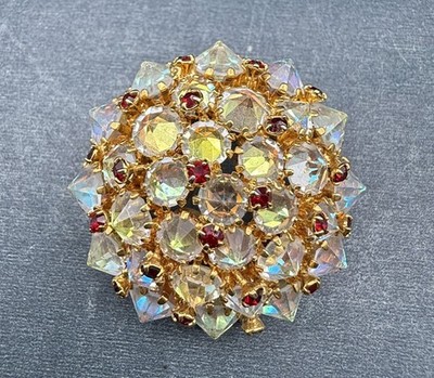 Vintage Clear AB and Ruby Red Rhinestone Dome Brooch Gold Tone C1247 | eBay