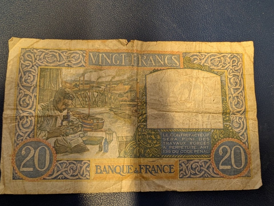 BANQUE DE FRANCE VINGT 20 FRANCS BANK NOTE #P-92b Bill French WWII | eBay