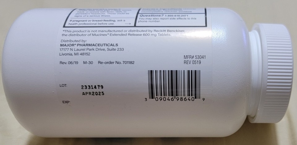 MAJOR Mucus Relief Guaifenesin 600mg 12 Hr Extended Release 500 Count ...