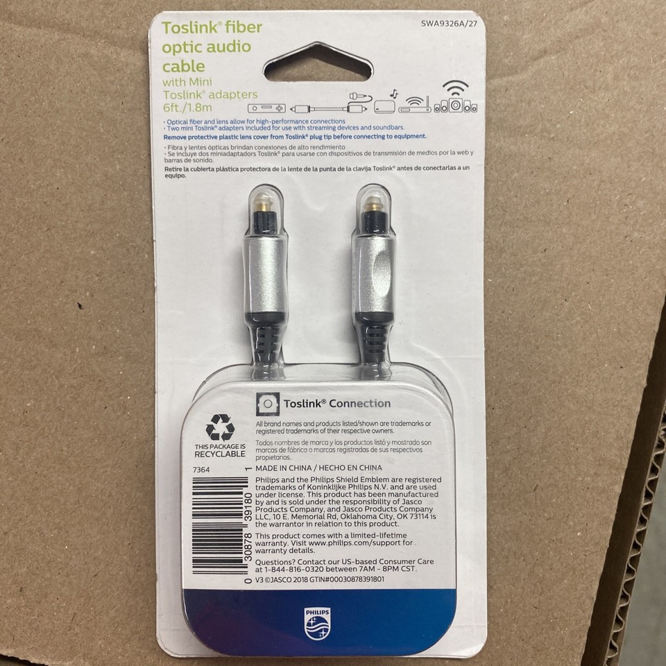 Philips 6' Elite Toslink Digital Fiber Optic Cable with 2 Mini Adapters ...