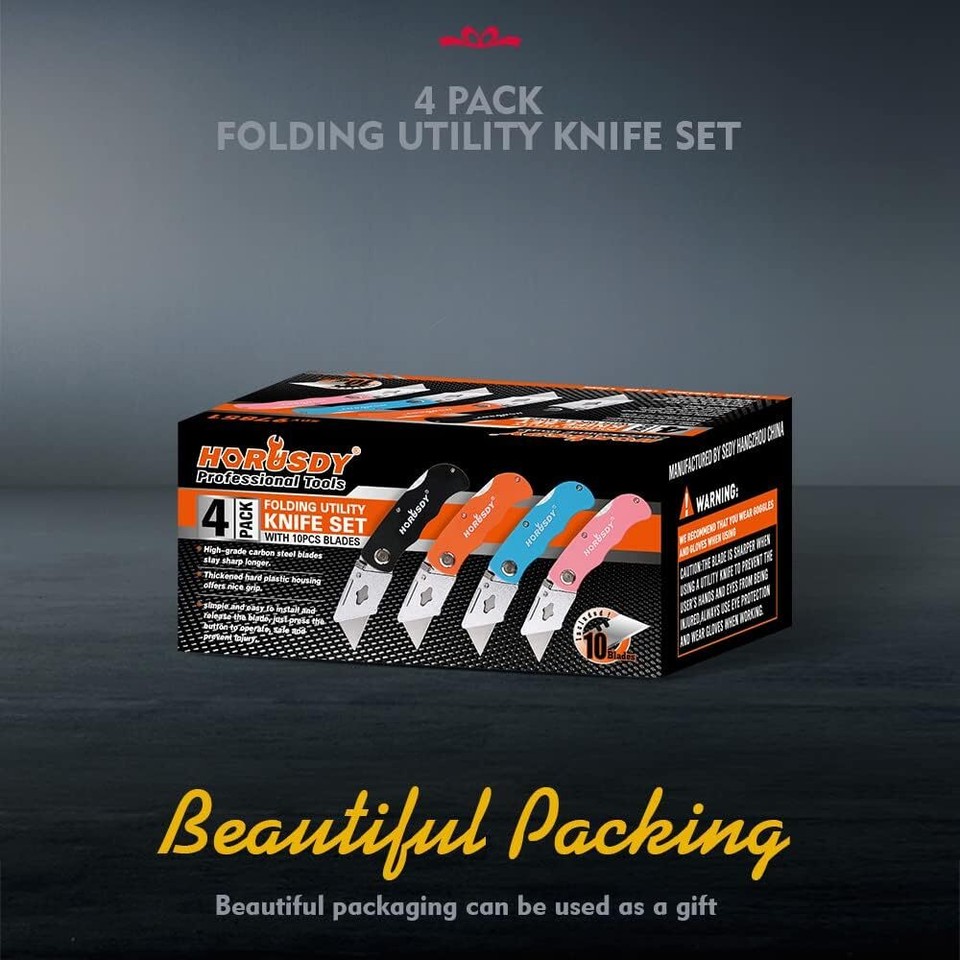 4-Pack Folding Utility Knife Box Cutter Extra 10pcs SK5 Quick Change ...