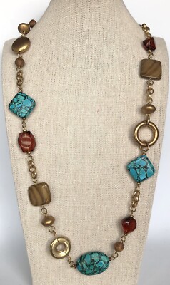 PREMIER DESIGNS SIGNED PD metal chain Blue Amber Color Beaded strand ...