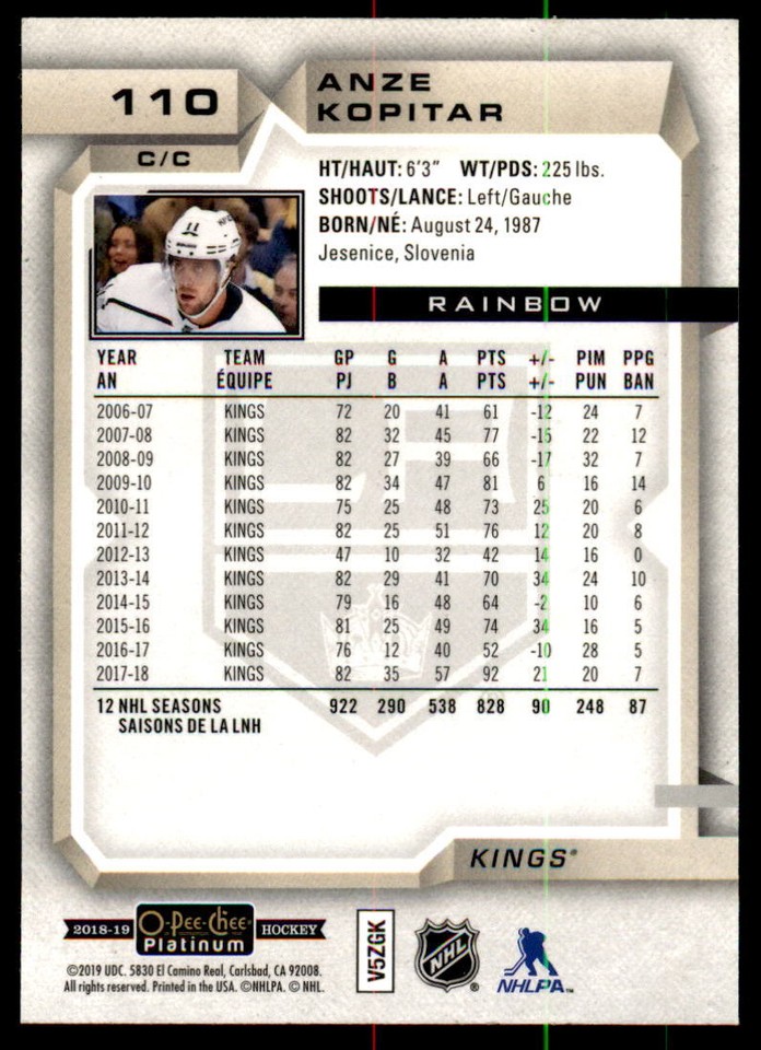 2018-19 O-Pee-Chee Platinum #110 Anze Kopitar Rainbow Rookie | eBay
