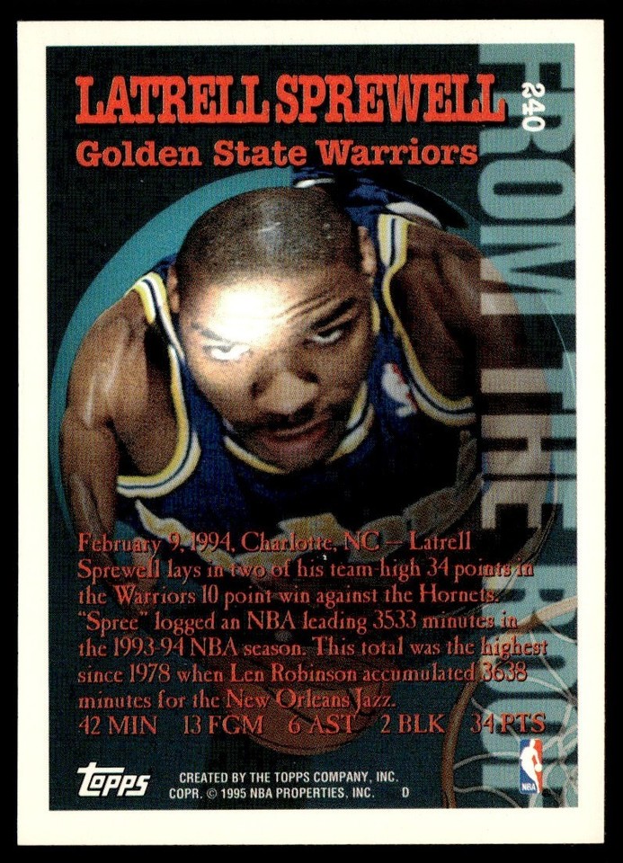 1994-95 Topps From The Roof Latrell Sprewell Golden State Warriors #240 ...