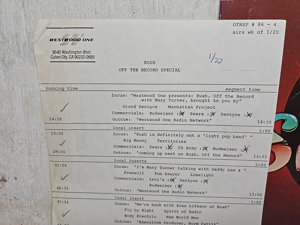 OFF THE RECORD RADIO SHOW RUSH Jan 1986 2 Lp Vinyl Rare Westwood One ...