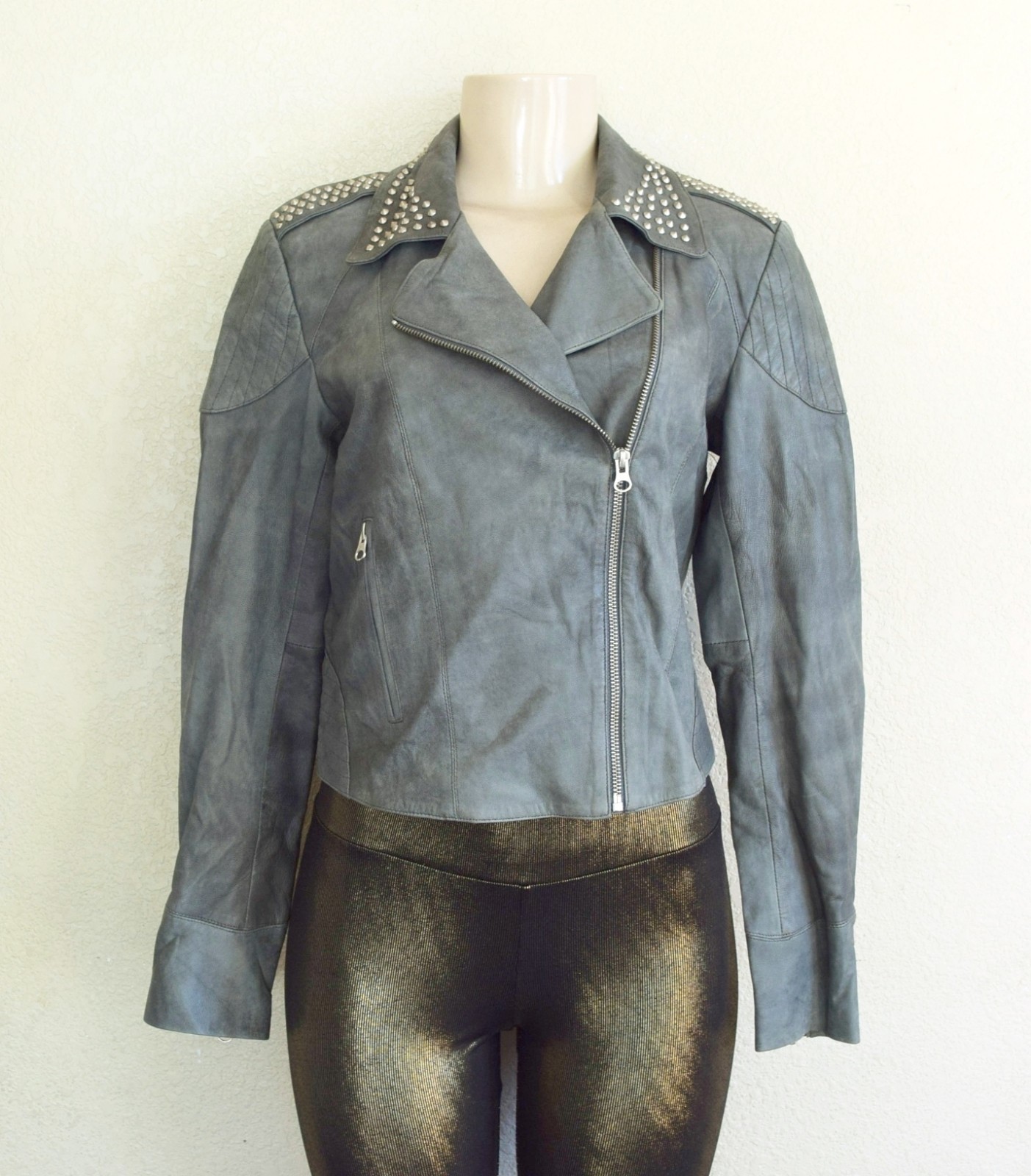 GUESS Women’s Tiesto Studded Leather Jacket – Moss Green sz S | eBay
