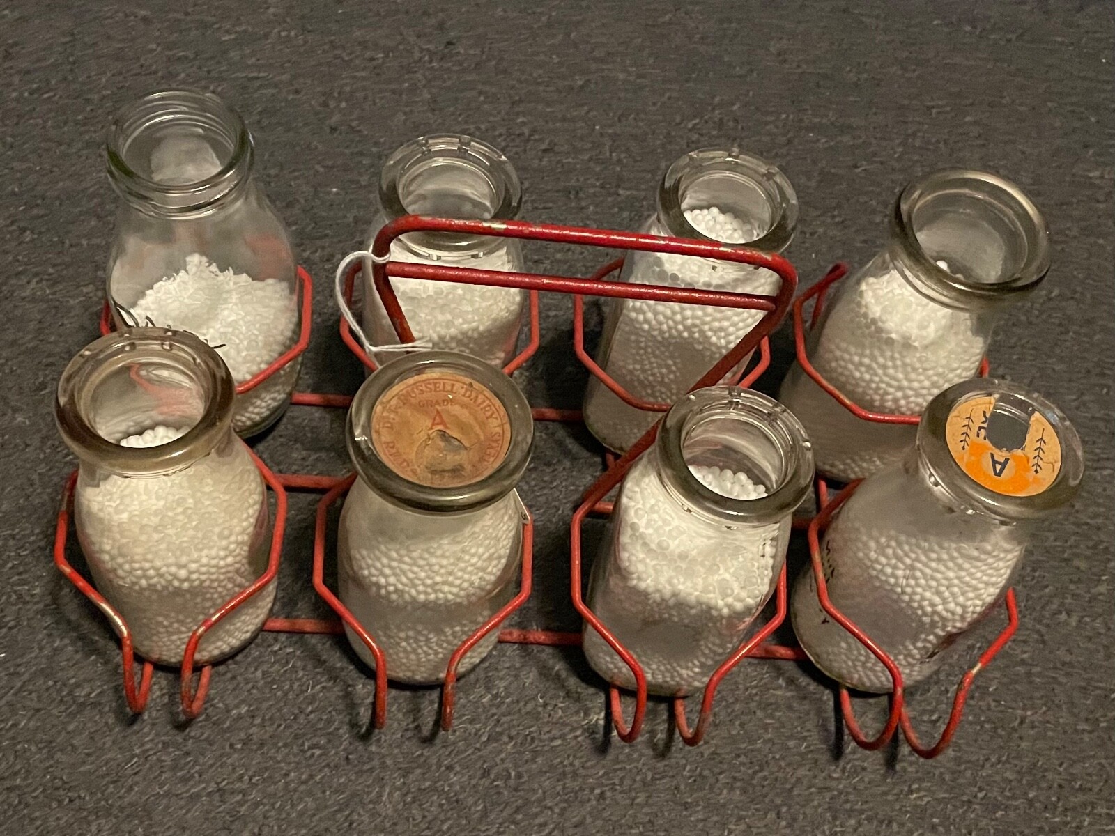 Antique 8 Dairy Farm Milk Glass Bottles with Red Dairy Steel Carrier ...
