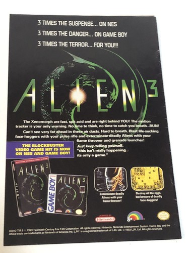 1993 Alien 3 Game Boy NES Nintendo Vintage Print Ad pa20 | eBay