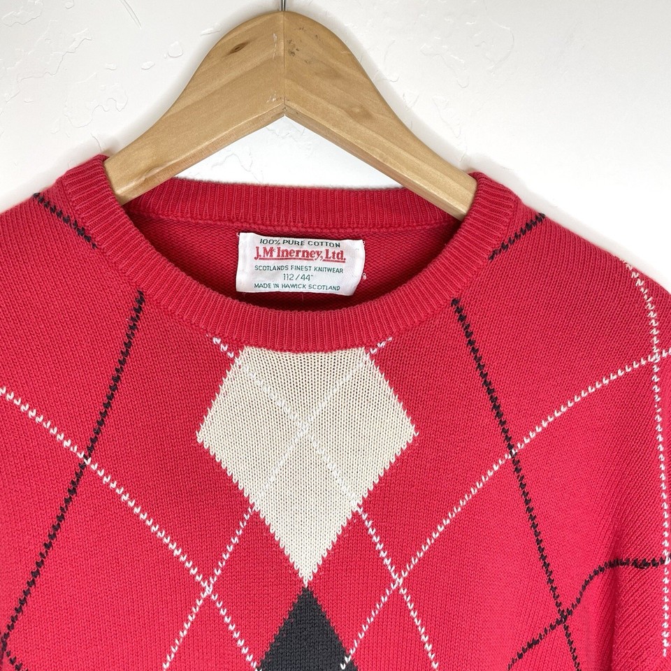 Vintage J. McInerney Ltd Mens 112/44” Red Argyle Cotton Crew Sweater ...