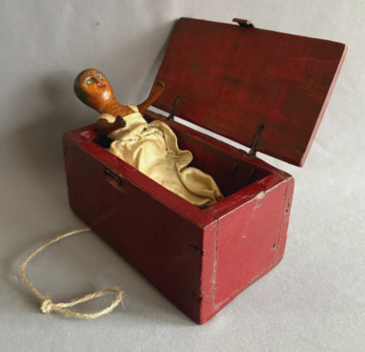 Antique WOODEN DOLL Hand Made FOLK ART TOY Pull String Doll Sits Up in ...