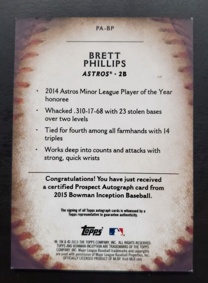 2015 Bowman Inception Brett Phillips On Card Auto #PA-BP Houston Astros ...