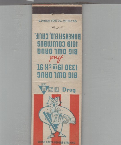 Matchbook Cover Drug Store Big Owl Drug Bakersfield, CA | eBay