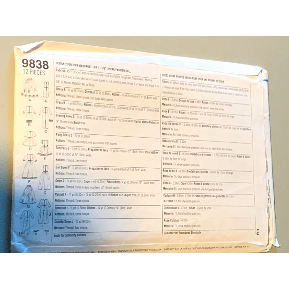 Simplicity 9838 Barbie Size 11.5" Doll Clothes Sewing Pattern | eBay