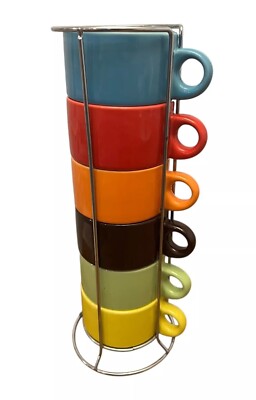 Pier 1 Rainbow Multicolor Stacking Ceramic Coffee Mug Cups with Stand ...