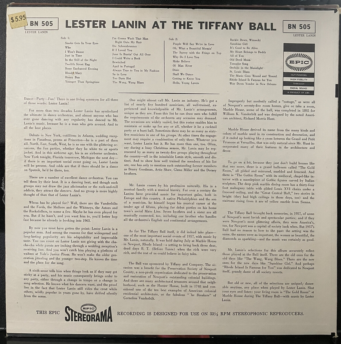 Lester Lanin Orchestra At The Tiffany Ball Epic BN 505 Stereorama LP ...