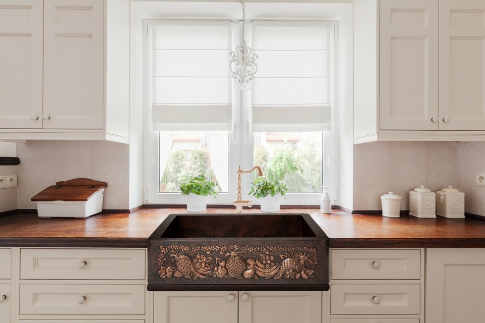 Farmhouse Bronze Copper Kitchen Sink: 33x22" w/ Fruits Design on Apron ...