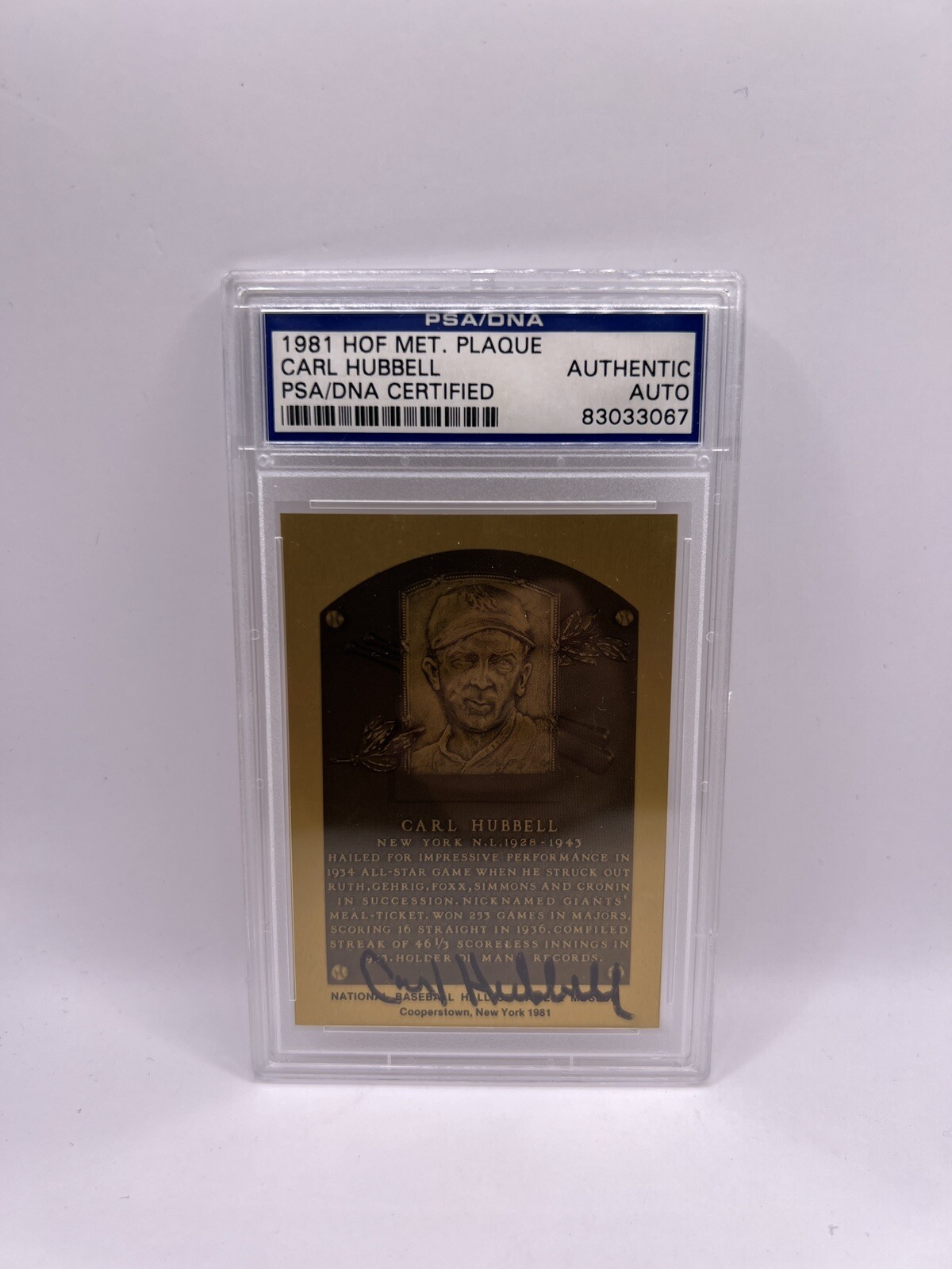 Carl Hubbell Signed 1981 Hall Of Fame Metallic Plaque Card PSA/DNA Auto ...