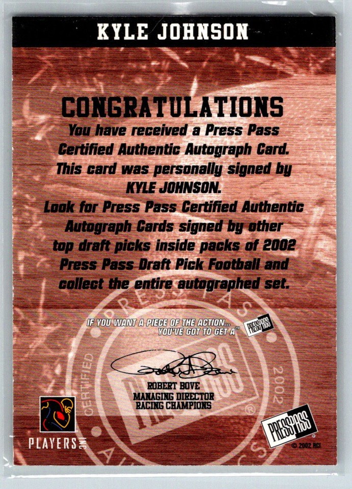 2002 Press Pass Auto Kyle Johnson Rookie Auto RC TC3288 | eBay