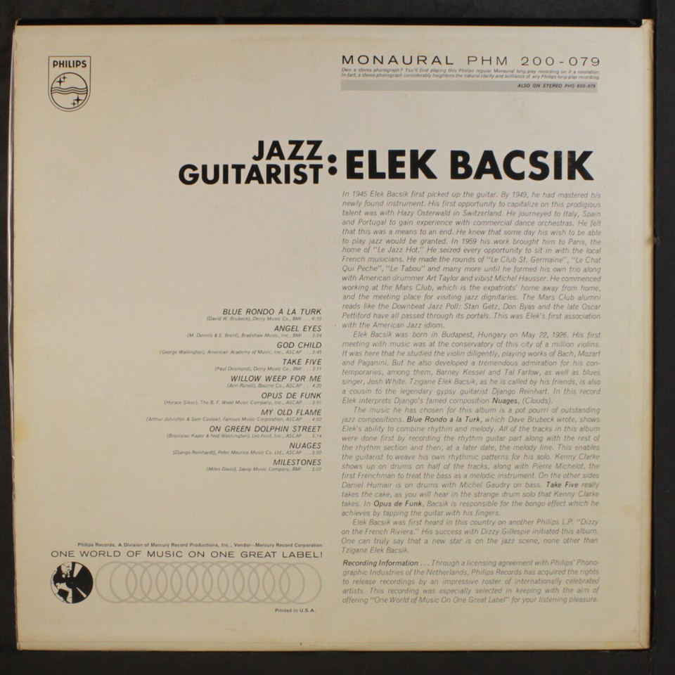 ELEK BACSIK: jazz guitarist PHILIPS 12" LP 33 RPM | eBay
