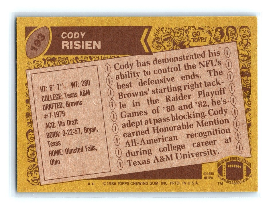 1986 Topps Football #193 Cody Risien RC Rookie Cleveland Browns | eBay