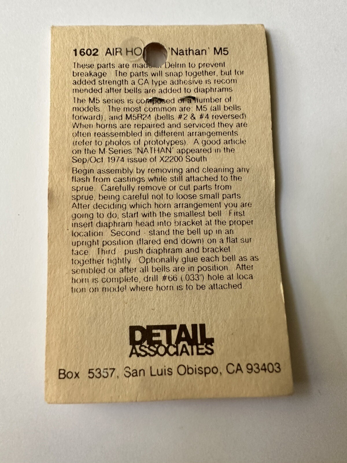 Detail Associates 1602 Air Horn 2 Pack Nathan M5 Delrin HO Scale Diesel ...