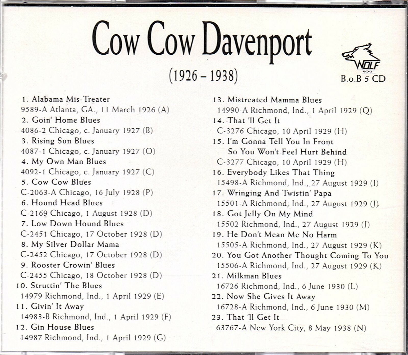 CHARLES 'COW COW' DAVENPORT CD WOLF RECORDS " 1926-1938 " [AT] | eBay