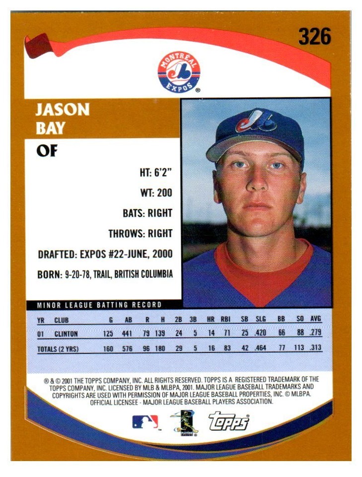 Jason Bay 2002 Topps 326 Montreal Expos ROOKIE BASEBALL CARD | eBay