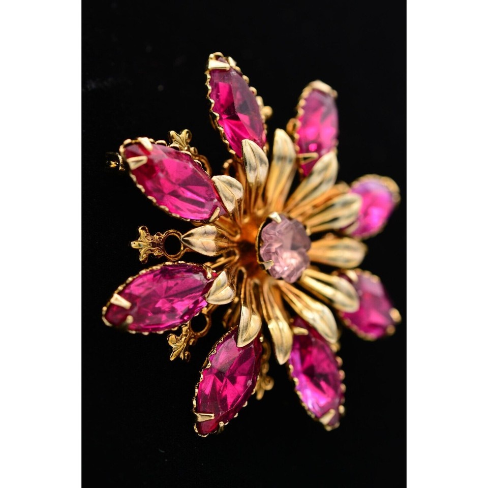 Vintage Crystal Flower Pin Brooch Magenta Marquise Rhinestone Prong ...