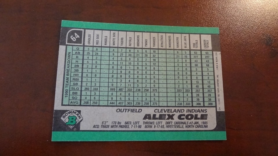 1991 BOWMAN #64 ALEX COLE BASEBALL CARD | eBay