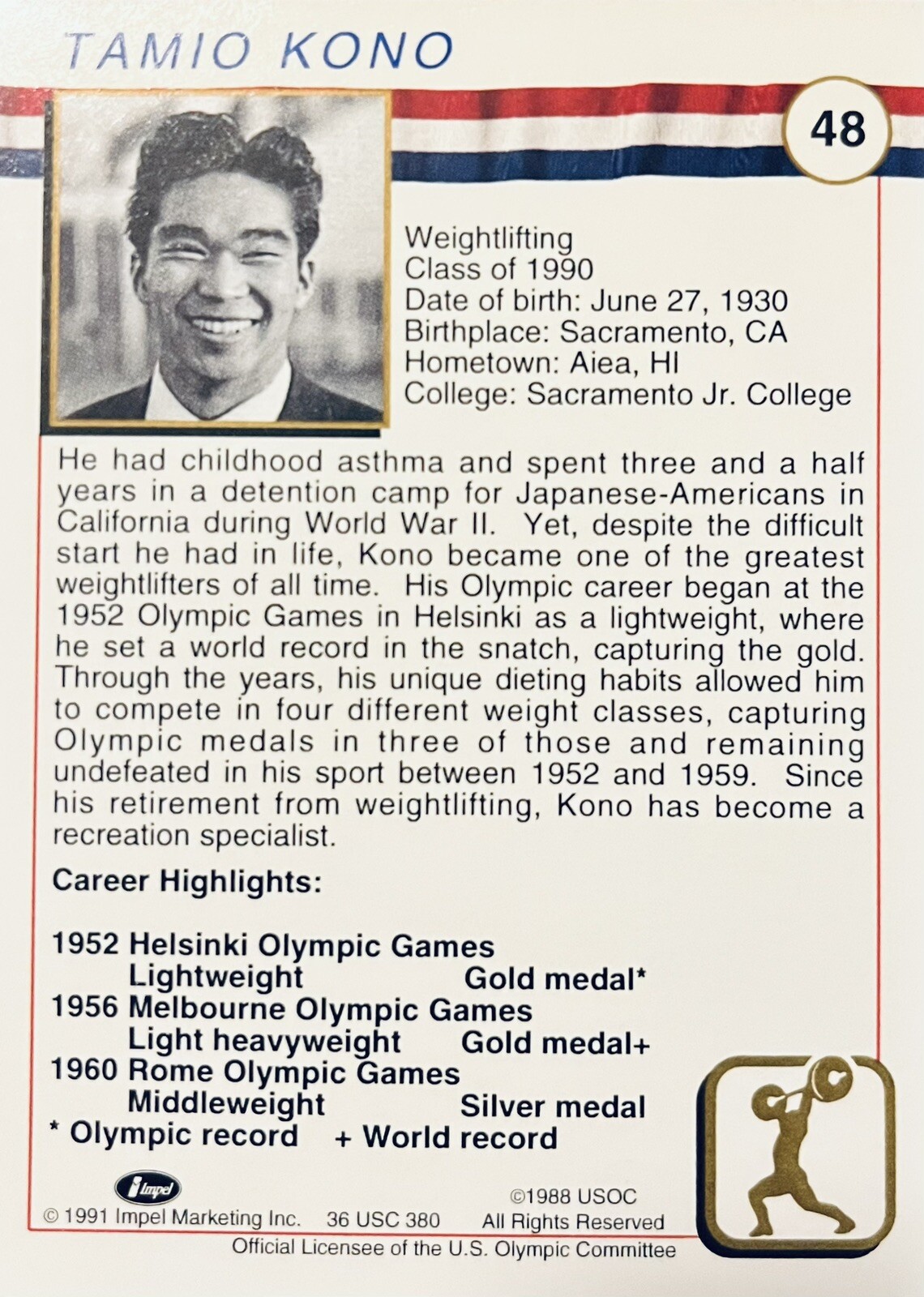 Brand New: Vintage 1991 Impel USA Olympics Hall of Fame Tommy Kono Card ...