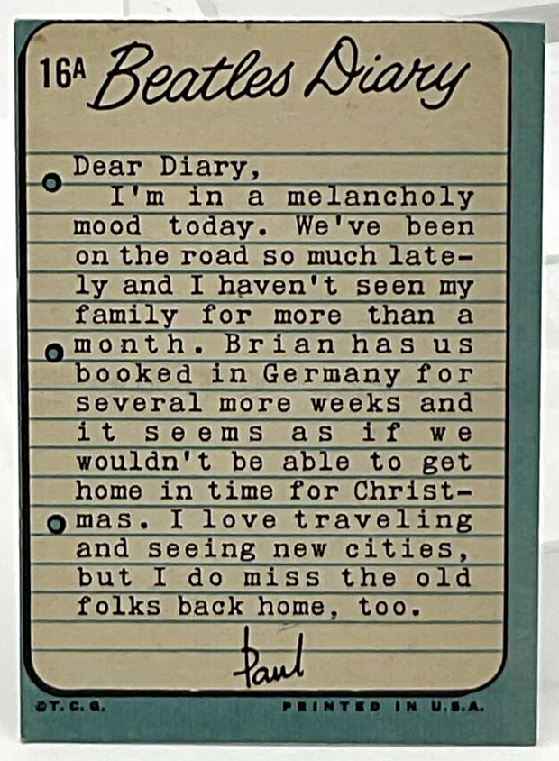 1964 Topps Beatles Diary Trading Card 16A Paul McCartney George ...