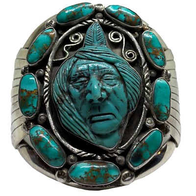 Carved Turquoise Native American Brave + Stones 925 Silver Cuff ...