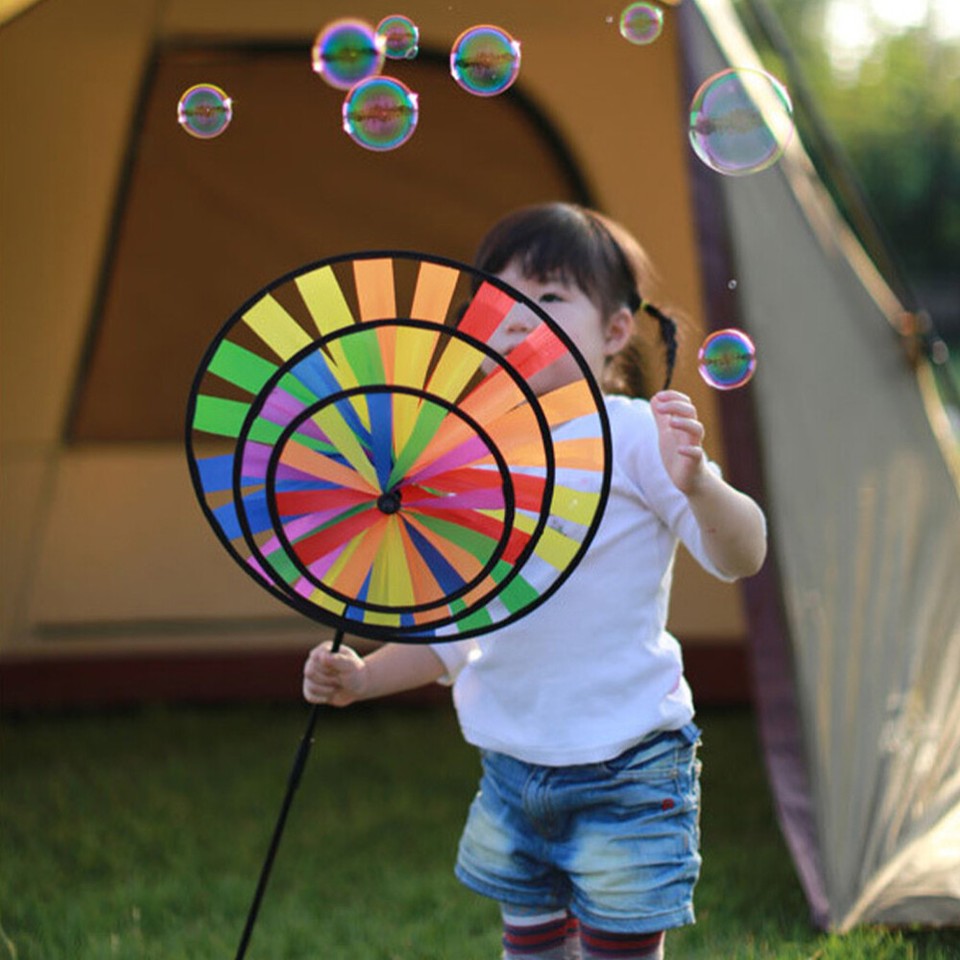 triple wheel garden pinwheels Kids Windmill Rainbow Wind Spinners | eBay