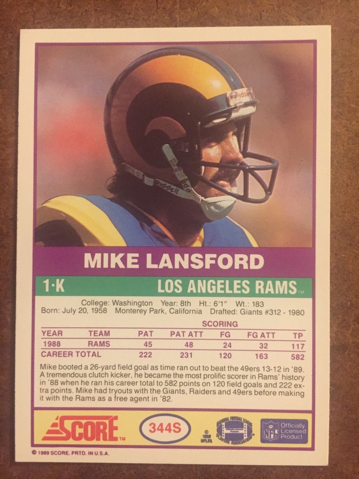Mike Lansford 344S Score 1989 Supplemental NFL Football Trading Card | eBay