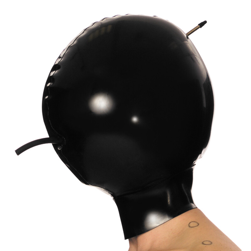 Black Inflatable Latex Hood Mask with Mouth Nose Tube Double Layer Back ...
