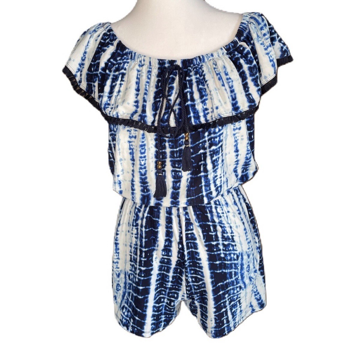 Derek Heart Women’s Blue Tie Dye Tassel Off The Shoulder Romper Large ...