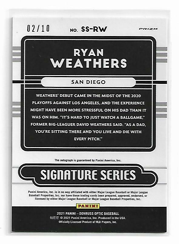 RYAN WEATHERS 2021 PANINI DONRUSS OPTIC SIGNATURES SERIES GOLD PRIZM ...