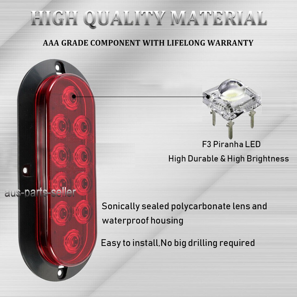 4x 6"inch Oval Red 10 LED Stop Brake Turn Tail Light Surface Mount ...