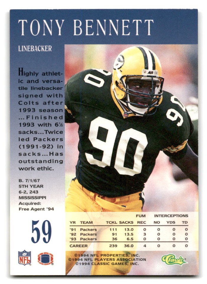 Tony Bennett 1994 Pro Line Live FOOTBALL #59 Indianapolis Colts | eBay